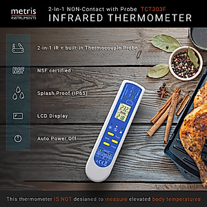 Metris Instruments Food Cooking Meat Thermometer Digital Infrared Instant Read with Probe for Kitchen, Outside Grill, BBQ Smoker, Model TCT303F-NSF NSF Approved