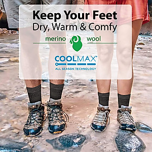 aZengear Premium Coolmax Merino Wool Hiking Socks for Men & Women - Trekking - Seamless Toe - Cushioned - Breathable & Soft - L