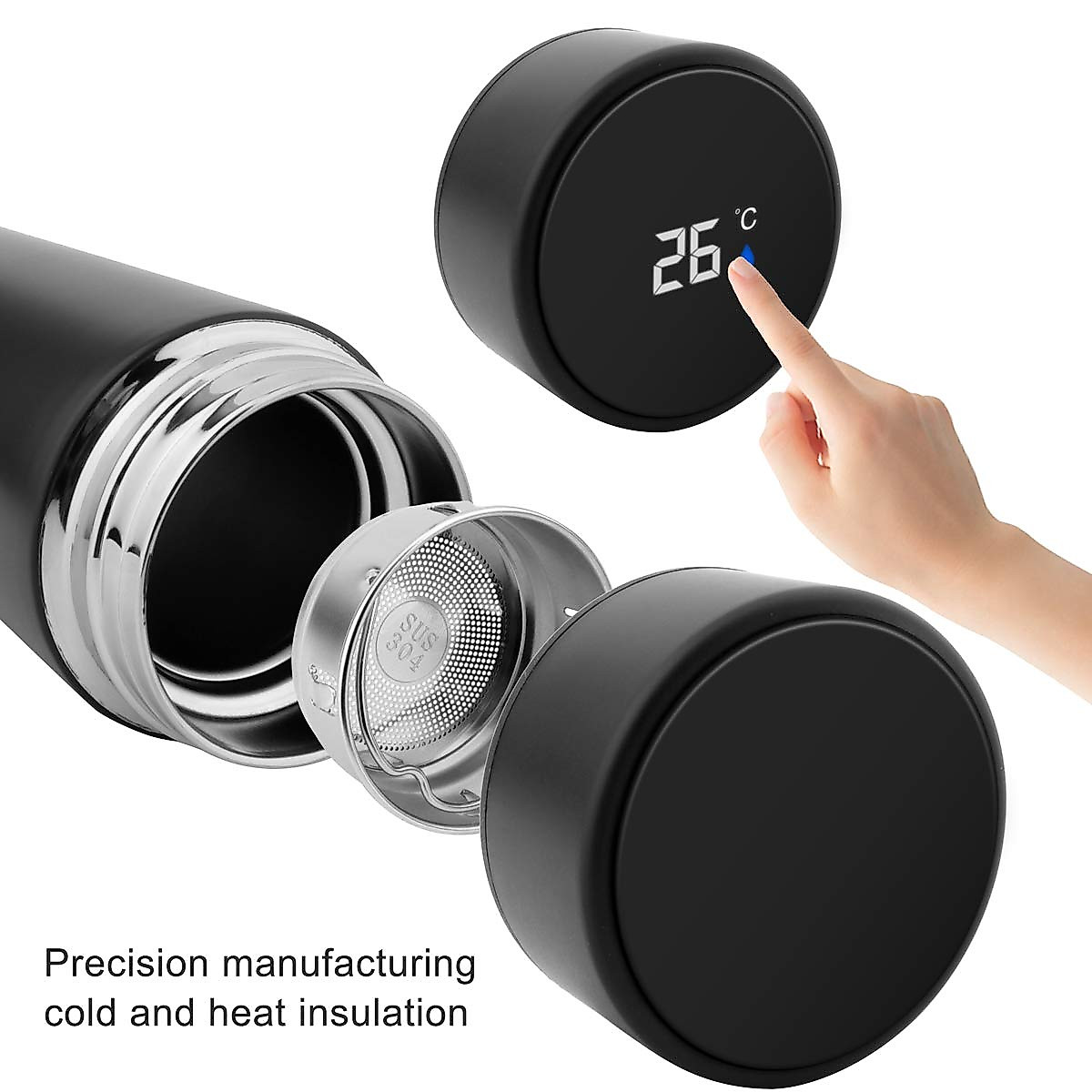 QiCheng&LYS Coffee Thermos,Tea Infuser Bottle,Smart Sports Water Bottle with LED Temperature Display,17 OZ Vacuum-Insulated Stainless-Steel Water Bottle (Black)