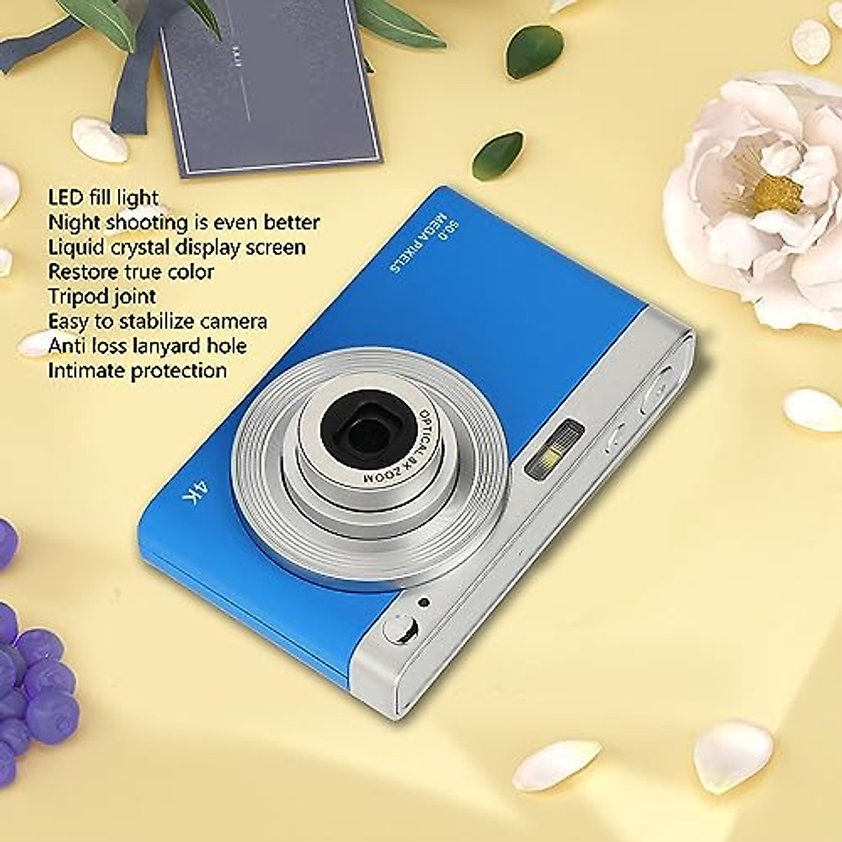 Compact Camera, 50MP Fill Light Portable Digital Camera, 2.88 Inch HD IPS Screen, 16X Zoom AntiShake for Travel (Blue)