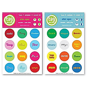 Alter Ego (2-pack) - Champagne, Beer & Wine Glass Charms - Static Cling. Unique, Reusable Wine Charms, Stemless Wine Glass Charms for Birthday, Wedding, Thanksgiving, Christmas Party Accessory