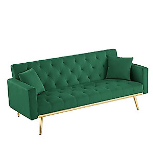 hansones Convertible Velvet Futon Sofa Bed,Sleeper Sofa Couch with Two Pillows and Golden Metal Legs for Living Room (Green)