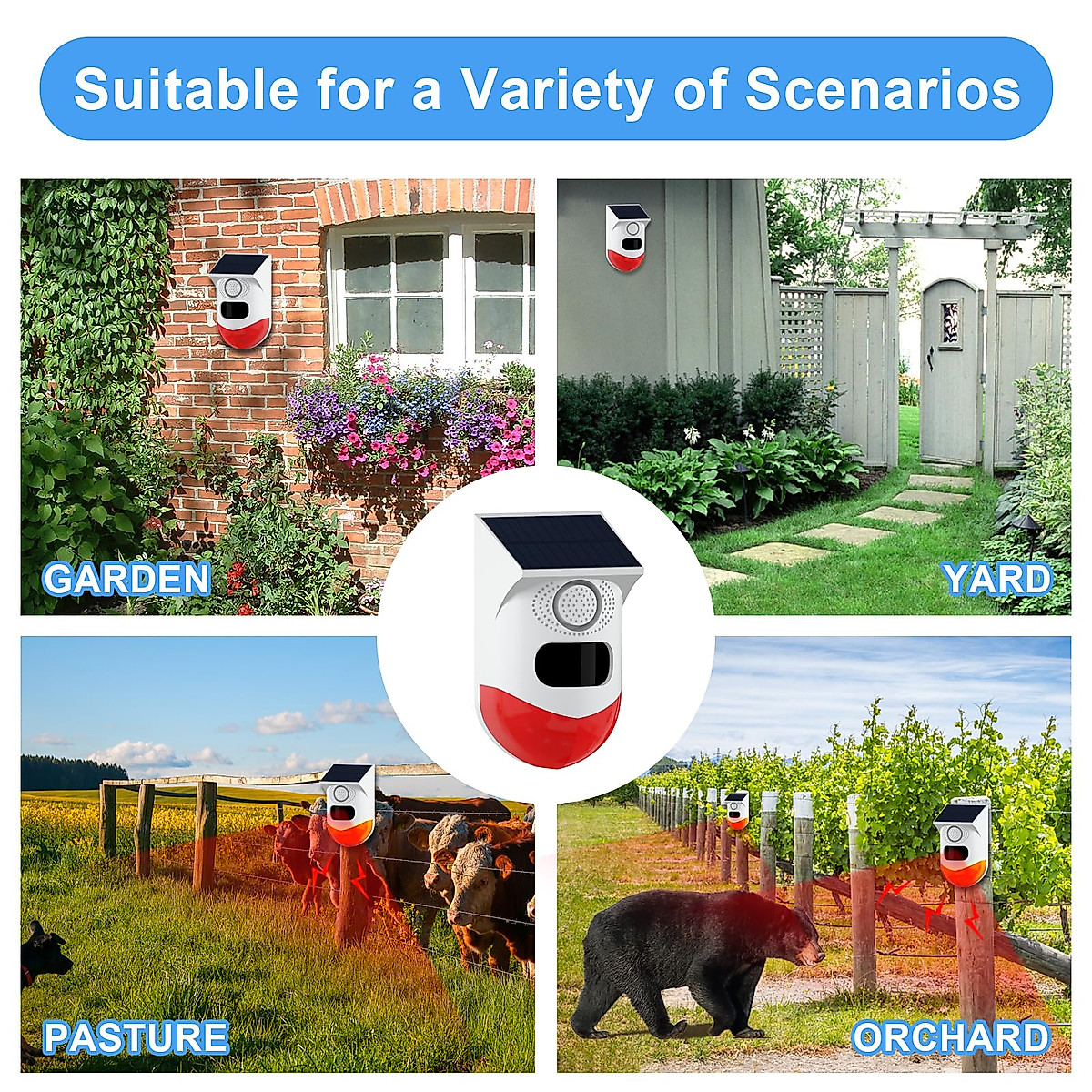 ChunHee Solar Motion Sensor Outdoor Alarm,Adjustable Sensitivity Motion Activated Alarm,129db Sound Security Siren Light IP67 Waterproof and 4 Mode for Home,Farm,Barn,Villa,Yard(2 Pack)