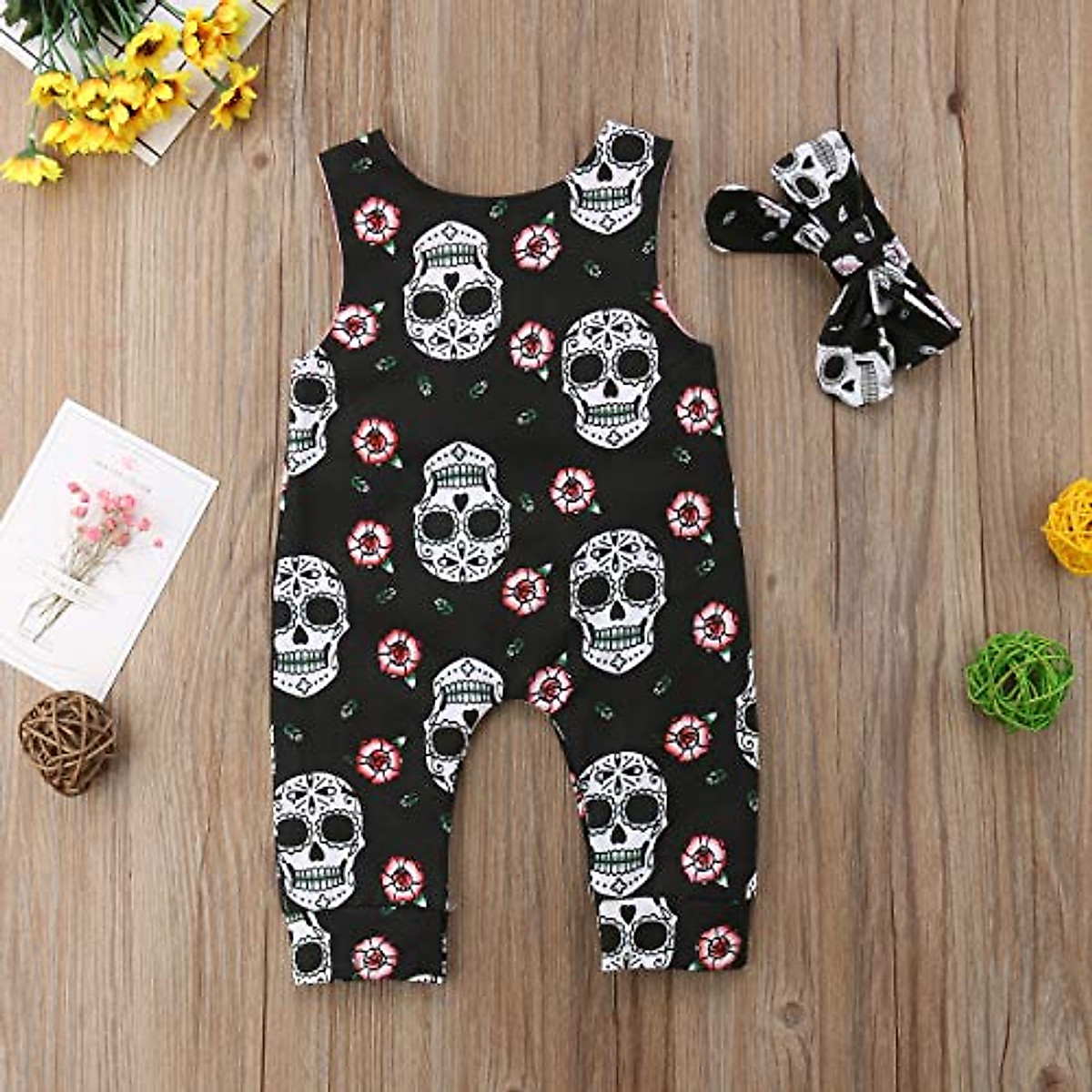 Newborn Infant Baby Girl/Boy Halloween Clothes Skull Floral Romper Jumpsuit Sleeveless Bodysuit Headband Outfit (0-6M, Black)