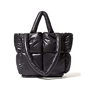 Large Puffer Tote Bag Winter Soft Puffer Down Padding Shoulder Bags Trendy Luxury Quilted Padded Handbags for Women (Black)