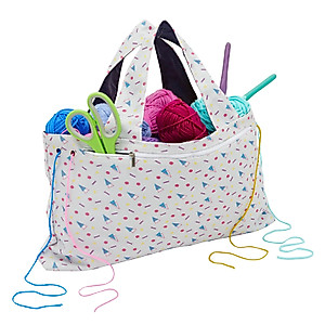Portable Knit Tote Bag, Crochet Knitting Yarn Storage with Pockets (Geometric, 16.5 in)