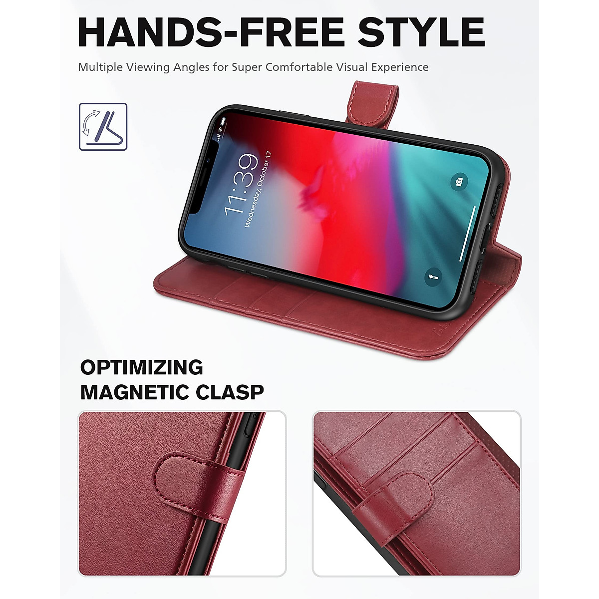 TUCCH Case Wallet for iPhone XR, Kickstand RFID Blocking Credit Card Slot PU Leather Folio Phone Cover with Wireless Charging [Shockproof TPU Shell] Compatible with iPhone XR 6.1, Dark Red