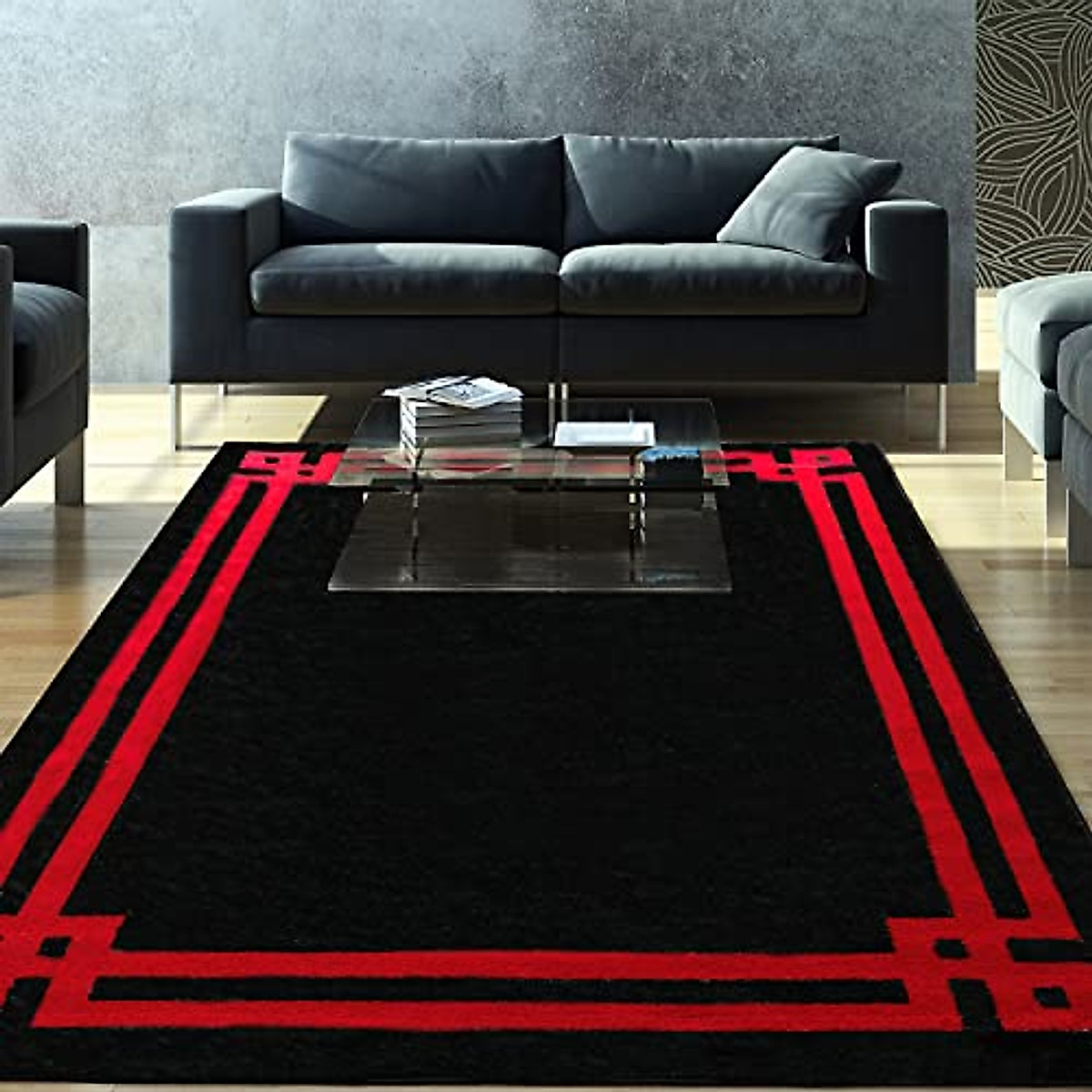 Antep Rugs Bordered 5x7 Modern Geometric Indoor Area Rug Amg111 (Black, 5'3" x 7')