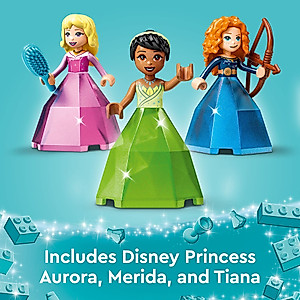LEGO Disney Princess Aurora, Merida & Tiana’s Enchanted Creations 43203 Diamond Dress Set with 2 Buildable Jewelry Boxes, Pencil Holder, DOTS Bracelet and Mini-Dolls