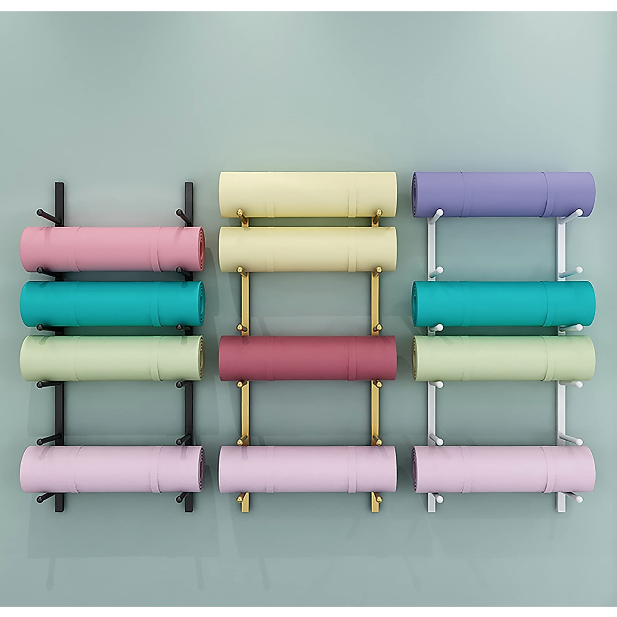 LHRUI Yoga Mat Holder Yoga Mat Rack Wall Mount Exercise Mats Storage Holder, Gym Studio Bedroom Garage Iron Foam Roller Racks, Including All Mounting Accessories (Color : Gold)