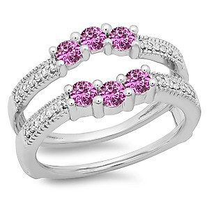 Dazzlingrock Collection 14K Pink Sapphire & White Diamond Wedding Band 3 Stone Enhancer Guard Ring, White Gold, Size 7