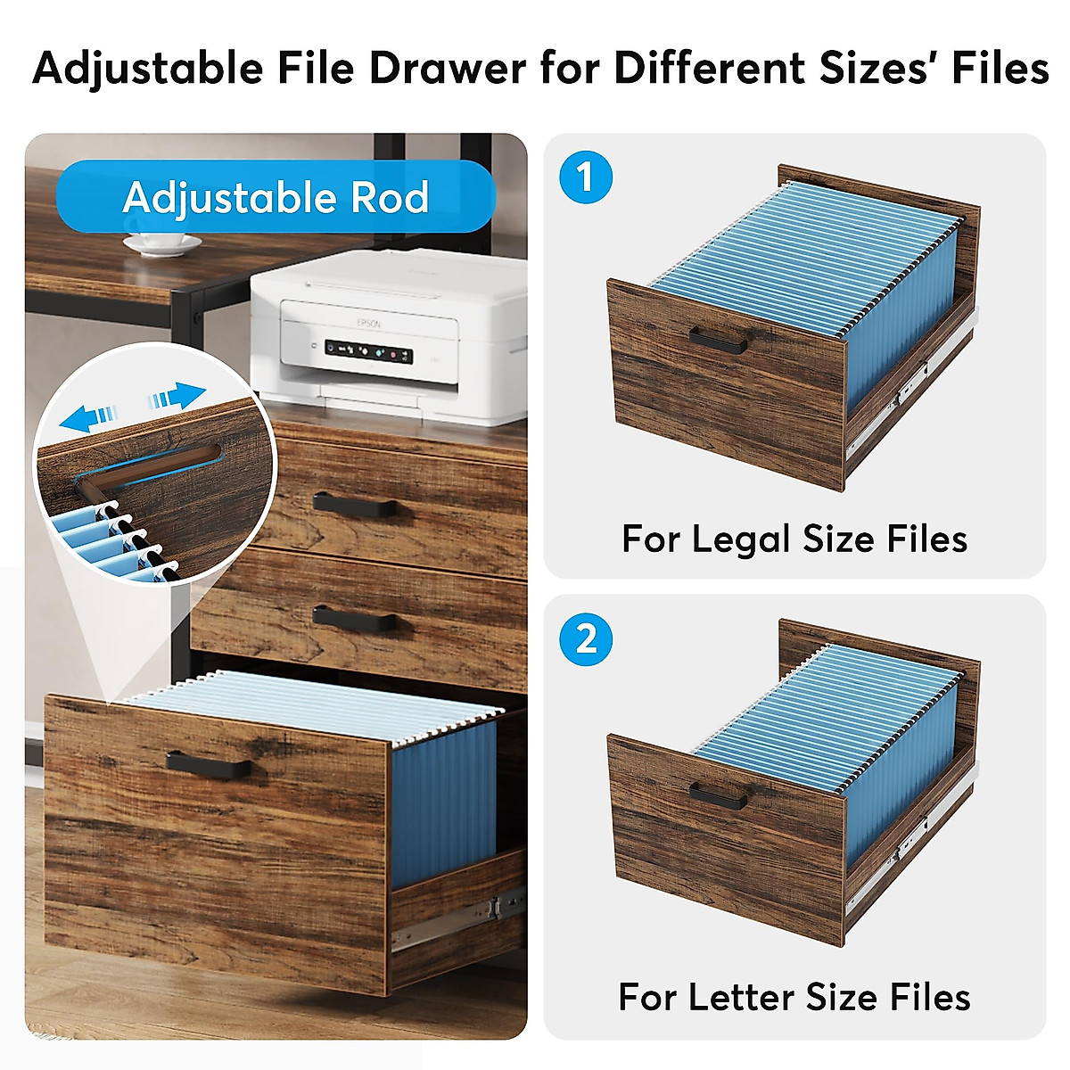 Tribesigns 63 Inch Computer Desk with File Drawer Cabinet, Ergonomic Office Desk with Monitor Stand, Industrial Computer Table with Printer Space, Wood PC Table Workstation Desk for Home Office