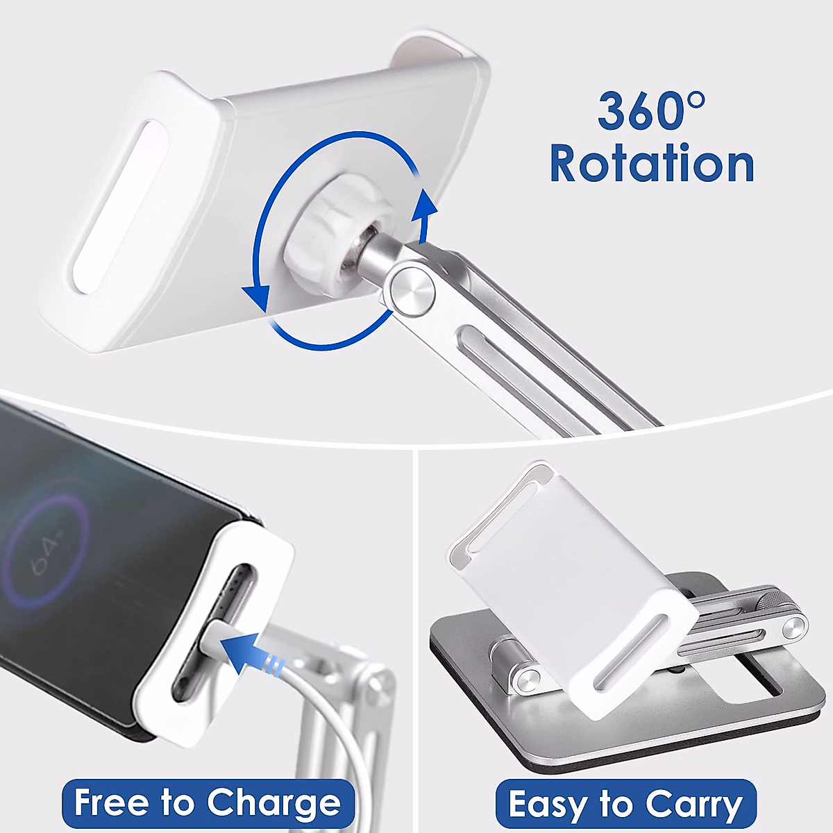 Yoobao Tablet Stand Holder, [Tightness Adjustable] 360° Swivel Foldable Aluminum iPad & Phone Stand for Desk with Heavier Base, Fit for 4.7"-12.9" Microsoft Surface Pro/iPad- Silver