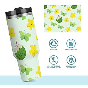 Exnundod Summer Exotic Flower Coconut Tumbler with Handle 30oz and Straw Insulated Tumblers Leak-proof Water Bottle for Car Travel