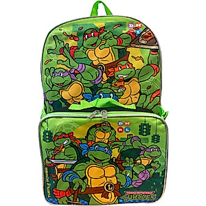 Ruz Group Kid's Licensed 16 Inch Backpack With Removable Lunch Box Set (Ninja Turtles)