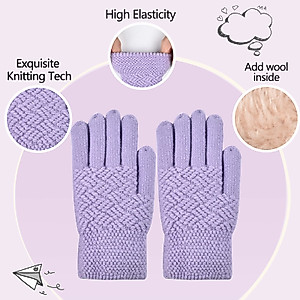 Kids Winter Knit Beanie Hat Scarf and Gloves Set for Girls Boys Warm Thick Fleece Lined Thermal Purple Skull Cap Mittens Infinity Scarf Neck Warmer with Pompom for 6-10 Years Old Baby Toddler Children