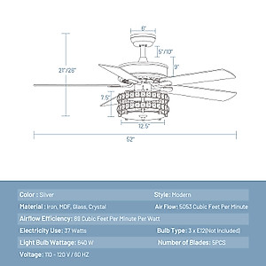 Tangkula Ceiling Fan with Crystal Light, 52 Inches Classical Ceiling Fan with Remote Control & 5 Iron Reversible Blades, 3 Speeds & 8 Hours Timer Function & Mute Motor (Silver)