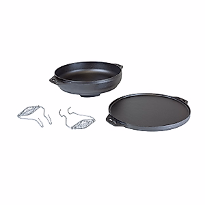 Lodge Cast Iron Cook-It-All Kit. Five-Piece Cast Iron Set includes a Reversible Grill/Griddle 14 Inch, 6.8 Quart Bottom/Wok, Two Heavy Duty Handles, and a Tips & Tricks Booklet.