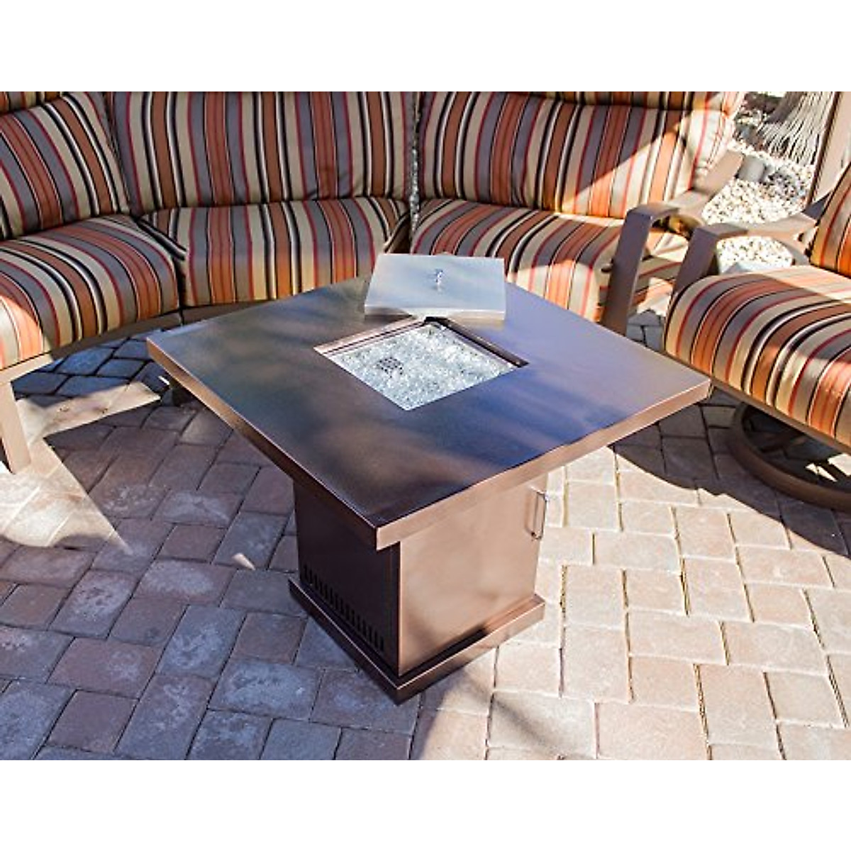 Hiland GSF-PR-PC Propane Fire Pit, 42,000 BTU, Stainless Steel Lid w/Fire Glass, Square, Hammered Bronze