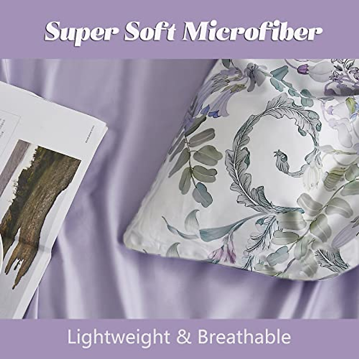 Purple Duvet Cover Set Floral Garden Style King 3 Pieces Bedding Set, Ultra Soft Green Leaves Botanical Flowers Pattern Lavender Reversible Farmhouse 1 Comforter Cover + 2 Pillowshams(No Comforter)