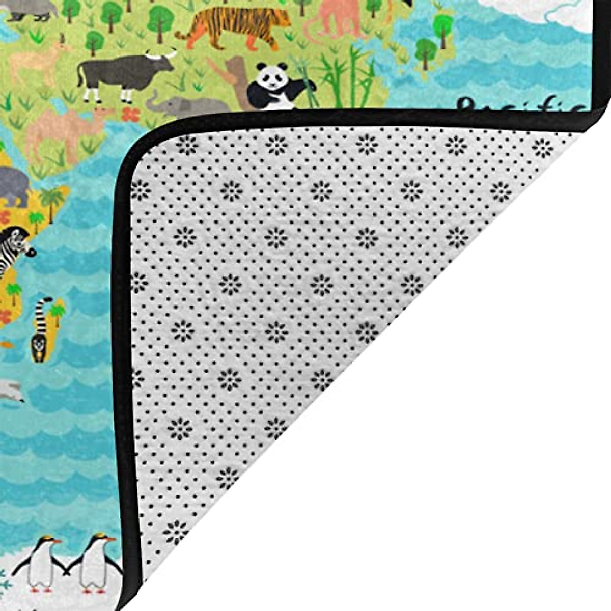 Soft Area Rugs Animal Map Of The World With Waves Kids Floor Rug Nursery Throw Rugs Kitchen Doormats Children Carpets Boys Girls Playmat Yoga Mat Bedside Rug for Bedroom Playing Living Room,72X48 inch