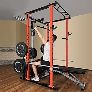 RitFit Power Cage with LAT Pull Down and 360° Landmine, 1000LB Capacity Power Rack Full Home Gym for Weightlifting, Come with J-Cups,Dip Bars and Other Attachments (2023 Version PPC02)-Orange