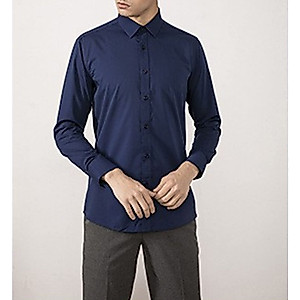 Maiyifu-GJ Men Casual Wrinkle Free Dress Shirt Regular Fit Button Down Shirts Solid Slim Fit Long Sleeve Business Shirts (Dark Blue,Large)