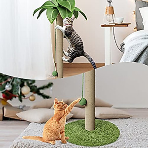 Kphico Cat Scratching Post for Indoor Cats,33.5" Tall Large Cat Scratching Post with Natural Sisal Rope,Kitten Scratcher with Simulated Leaves & Hanging Ball,Send 1 Cat Teasing Stick and 2 Catnip