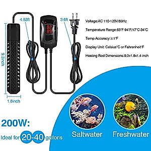 Woliver Aquarium Heater 200W/300/ 500W,Submersible Fish Tank Heater for 20-105 Gollon with LED Display Controller,Over Heating Protection and Anti-Dry Burning,Suitable Freshwater and Saltwater