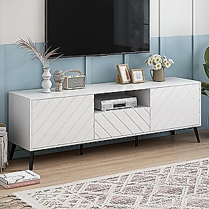 Modern TV Stand for 70 inch TV, Entertainment Center with 1 Drawer and Open Shelf, TV Console Table with with 2 Doors and Adjustable Shelves for Living Room/Bedroom(White)