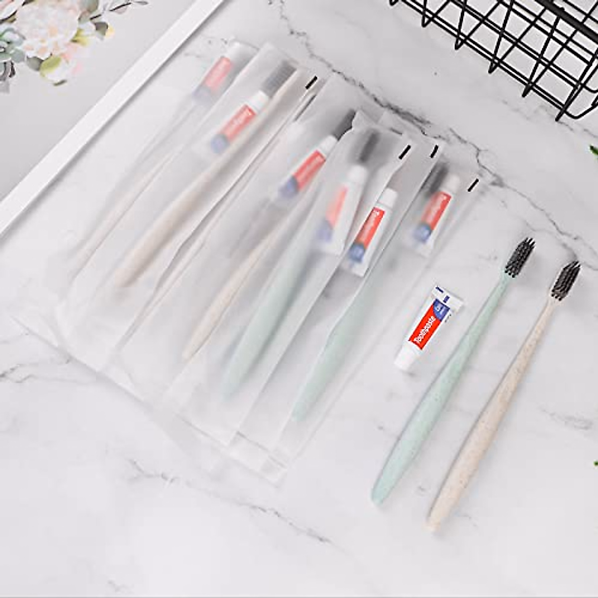 Xuezoioy Disposable Toothbrushes with Toothpaste,60 Pack Individually Wrapped Disposable Travel Toothbrushes Kit in Bulk for Homeless,Nursing Home,Hotel,Charity (Apricot+Green)