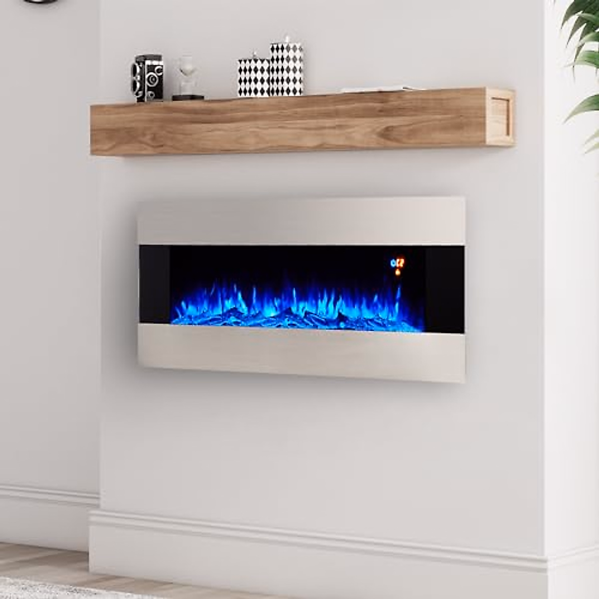 AMERLIFE 50" Wall Mount Electric Fireplace with Remote Control, Floating Fireplace Heater with Adjustable Flame Colors & Heater, Top-Vent, Low Noise, 750W/1500W, Stainless Steel Frame, Black