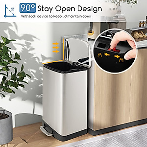 Goplus 13.2 Gallon/ 50 Liter Trash Can, Stainless Steel Garbage Can with Lock Device & Foot Pedal, Stay Open Trash Bin w/Soft Closing Lid, Hand-Free Step Garbage Bin for Kitchen Home Office, Silver