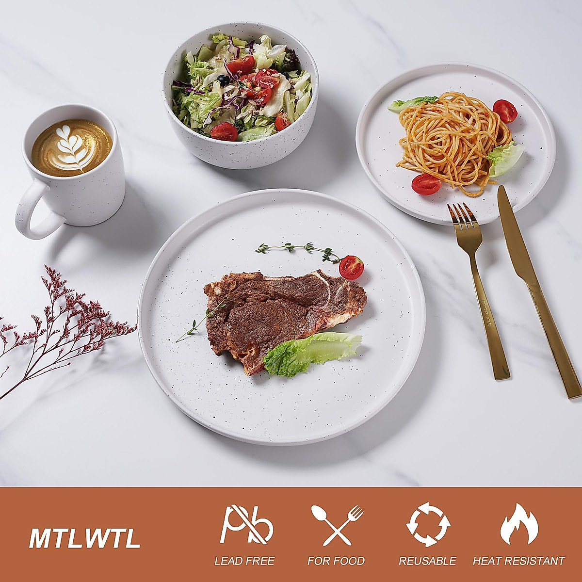 MTLWTL Dinnerware Sets, Dish Set for 4, 16 pieces Ceramic Plates and Bowls Set with Mugs, Microwave, Oven & Dishwasher Safe, White Speckled