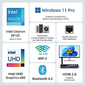 MeLE PCG02 Mini PC Stick Fanless Windows 11 Pro J4125 8GB/256GB, Mini Computer Stick HDMI 4K 2.4G/5G Wi-Fi 5 BT4.2 Gigabit Ethernet Micro PC on Business Industrial IoT Digital Signage