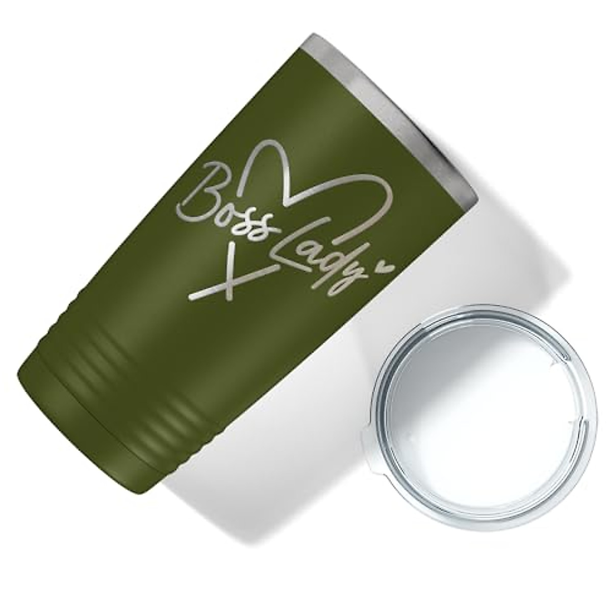 Boss Lady Big Heart Tumbler Birthday Gifts for Women, Coworker, Boss on Army Green 20 oz Stainless Steel Insulated Cup with Lid - Travel Mug for Mom