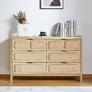 QEIUZON 6 Drawer Dresser, Modern Rattan Dresser Chest with Wide Drawers and Metal Handles, Farmhouse Wood Storage Chest of Drawers for Bedroom, Living Room, Hallway, Entryway (Natural-6 Drawers)