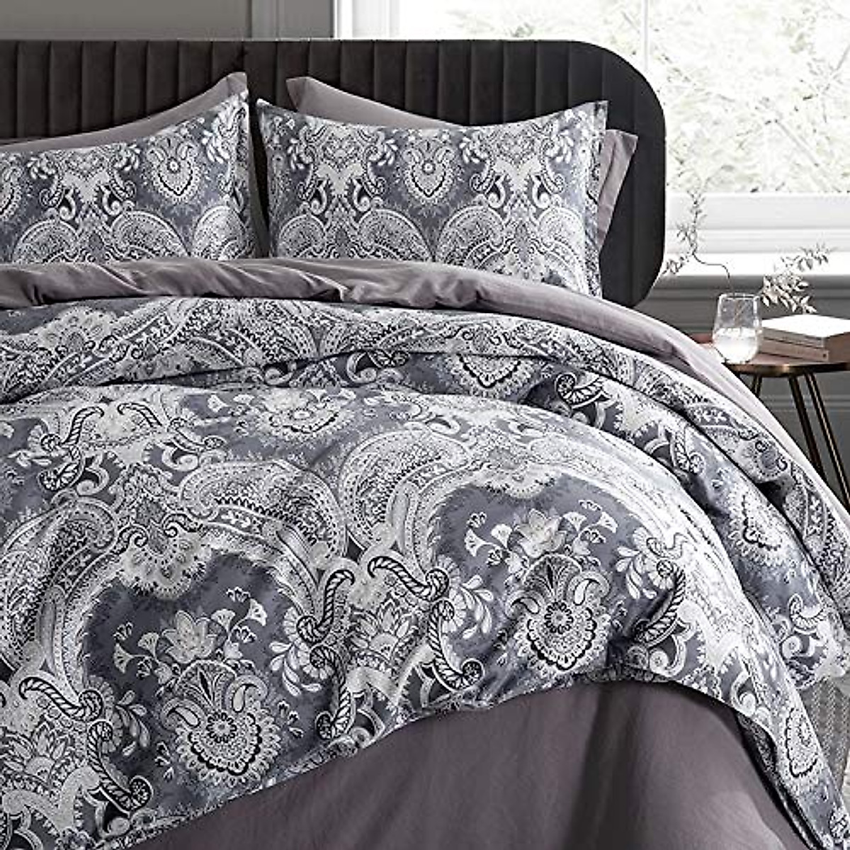 Moroccan Paisley Duvet Cover 3pc Set Bohemian Bedding Boteh Damask Medallion 400TC Egyptian Cotton Sateen Luxury Ombre Style Bed Linen (Oxford Grey, Super King)