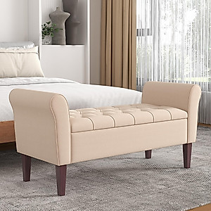 HUIMO 48" Arm Storage Ottoman with 7.5-inch Solid Wood Legs, Storage Bench, Upholstered Window Sitting Bench for Bedroom,End of Bed Bench Indoor, Livingroom, Entryway,Tan