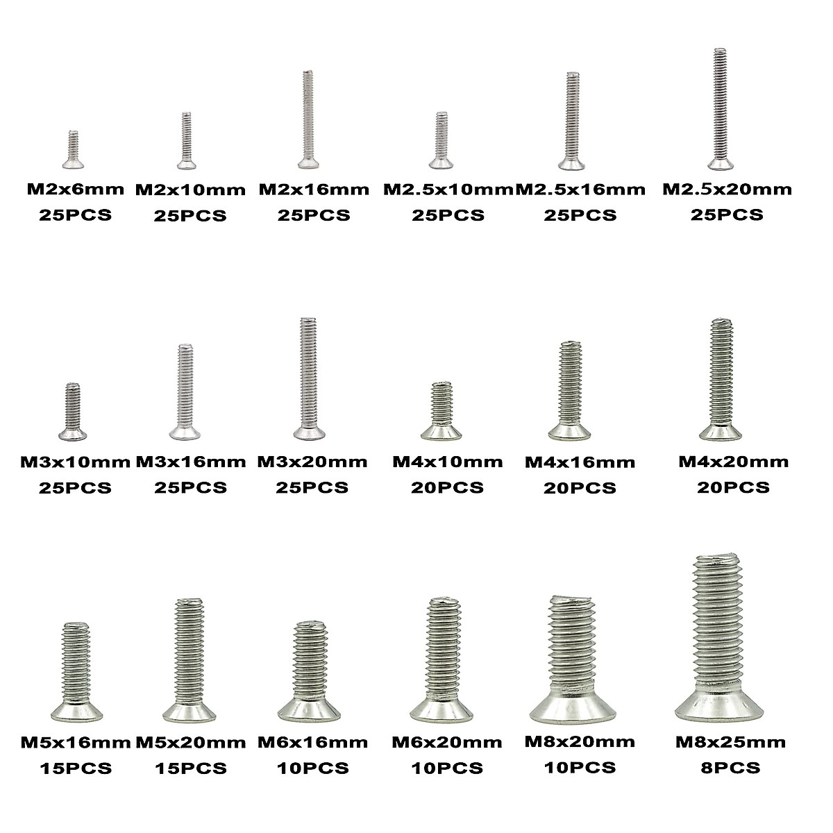 MCMASKE 353PCS Metric M2 M2.5 M3 M4 M5 M6 M8 304 Stainless Steel Phillips Flat Head Machine Screws Assortment Kit