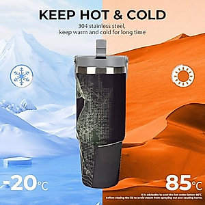 HJUQNGF 30oz Stainless Steel Insulated Tumbler with Flip Lid & Straw, Leakproof Travel Mug for Car, Hacker Double Wall Vacuum Thermal Coffee Cup with Handle, Spill-Proof Design for Hot/Cold Drinks