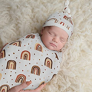 Baby Swaddle Blankets Set with Matching Hat and Drool Cloth Organic Cotton Muslin Blanket Soft Newborn Wrap Receive Blanket Photography Prop Large 47 * 47 Shower Gifts for Boys Girls(Rainbow)
