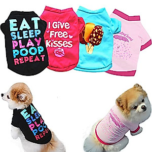 4 Pack Dog Shirt for Small Dog Girl Puppy Clothes, Eat Sleep, Kisses, Ice Cream, Love, Summer Shirt Female Pet Outfits Cat Clothing Funny Dog Cat Apparel Dachshund Yorkie French Bulldog