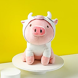 MINISO 12'' Sitting Piglet Stuffed Animals Kawaii Plush, Pig Cute Soft Plushies Body Pillow, Piglet Plush Throw Pillow Doll Plush Toys Gift for Valentine's Day Christmas(Cow Hoodie)