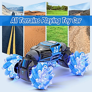 Powerextra LED Gesture Rc Car, 4WD 2.4GHz Remote Control Gesture Sensing Car, Double Sided 360° Rotating Transform Off Road Rc Stunt Car with Lights & Dance for 6-12 Year Old Boys & Girls