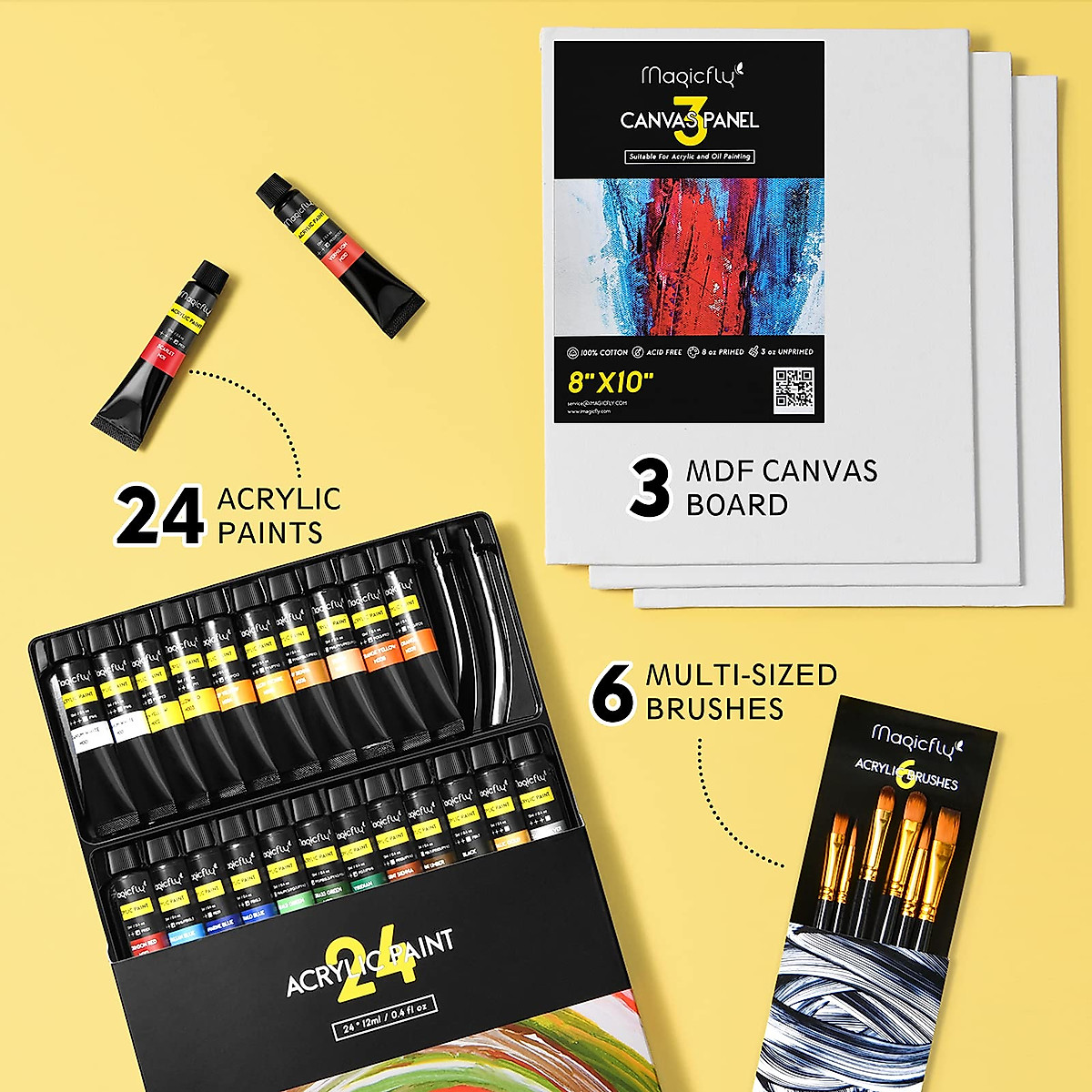 Magicfly 36 Pcs Acrylic Paint Set, 24 Colors(12 ml/0.4 oz) Rich Pigments Acrylic Paint Kit with 6 Paint Brushes, 3 Canvas Panels, 1 Paint Knives, 1 Palette & Sponge, Ideal Gifts for Beginners, Kids