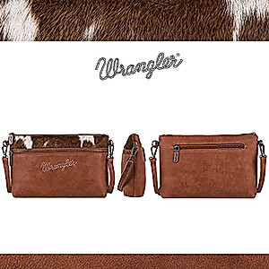 Wrangler West Crossbody Hanbags Vintage Cowhair Shoulder Wallet for Women Brown Vegan Leather Wristlet Clutch Cell Phone Purse,WG49-181BR