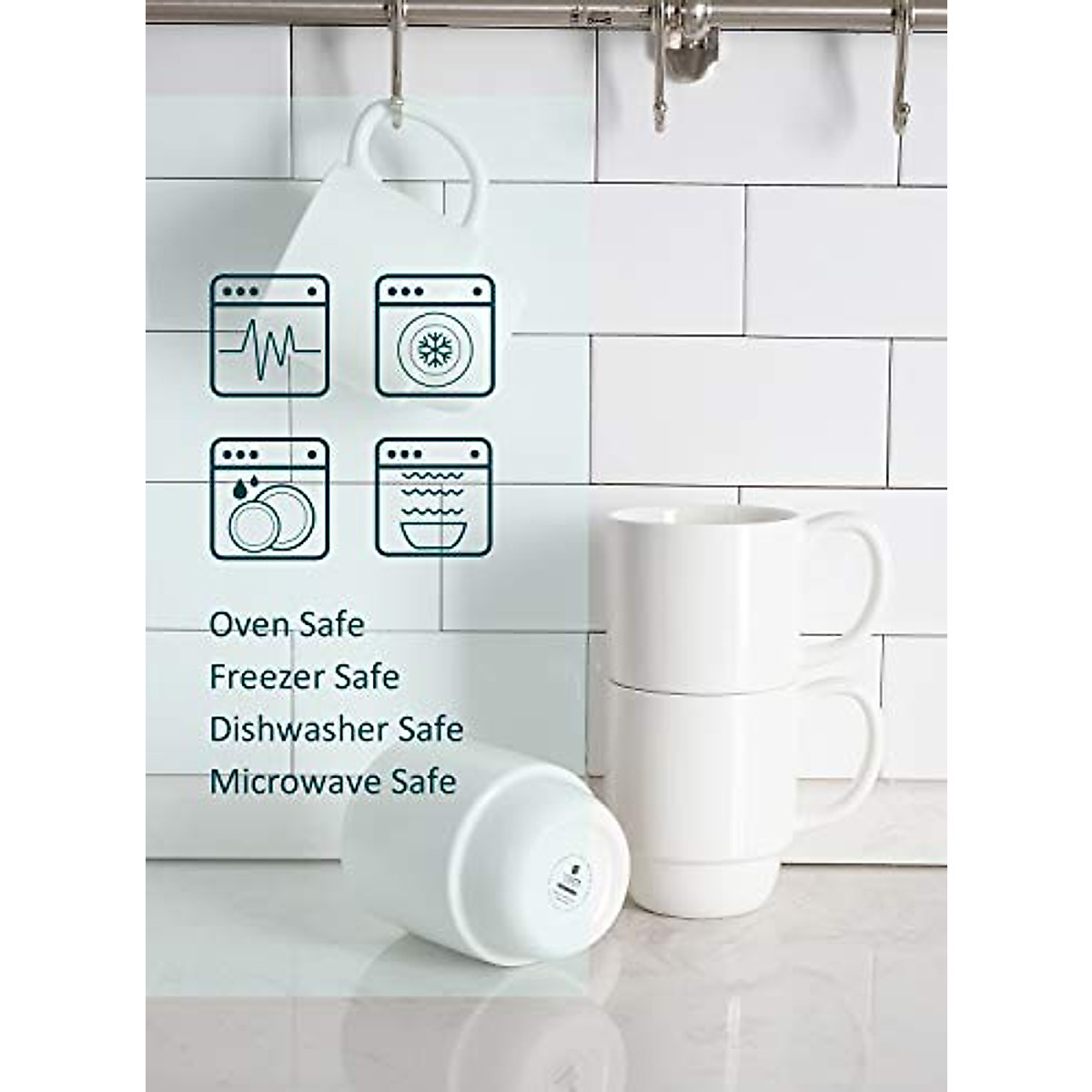 Porcelain Stackable Coffee Mugs Set of 4-16 Ounce Cups with Handle for Hot or Cold Drinks like Cocoa, Milk, Tea or Water - Smooth Ceramic with Modern Design, White