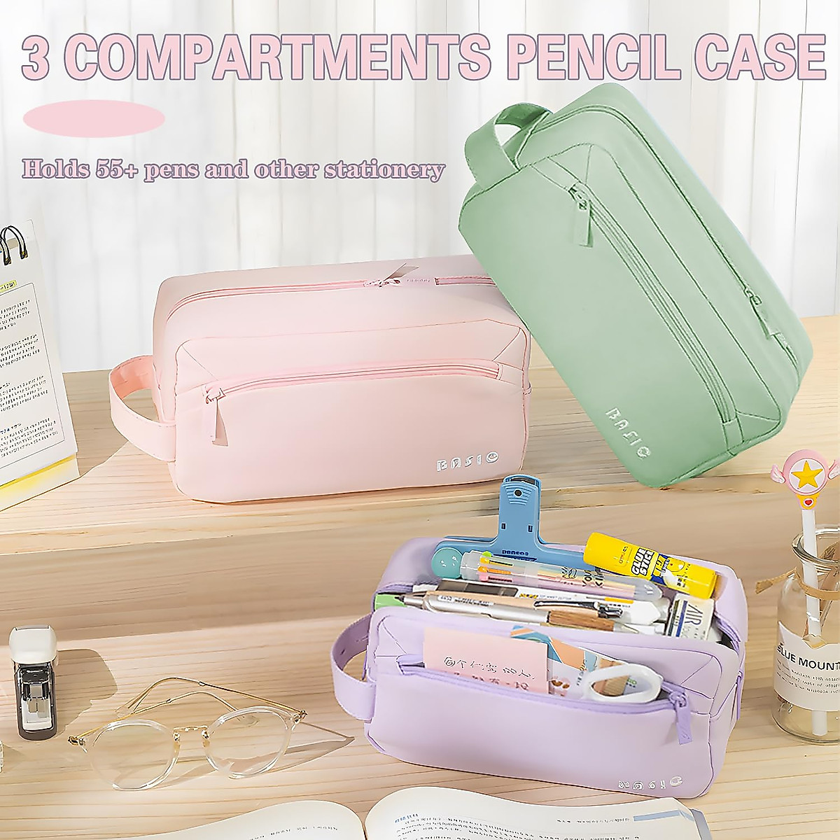 Large Capacity Pencil Case 3 Compartments, Portable Pencil Case with Zipper, Aesthetic Pencil Bag Pouch College Office School, Multifunctional Stationery Organizer for Students Teen Girl Boy Adults