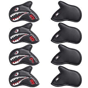 Craftsman Golf Vivid Shark Embroideried with 3D Fin 8pcs (5,6,7,8,9,P,A,S Black Iron Headcover Set with Large Red No.